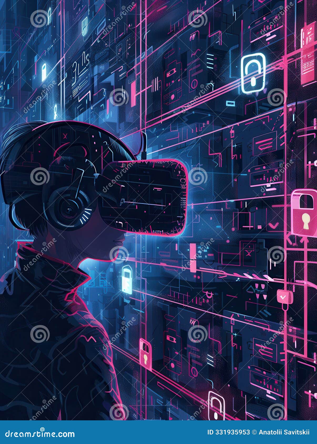 A Hacker Navigates a Vibrant Virtual World Filled with Digital Locks ...