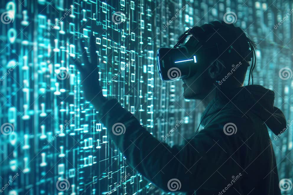 A Hacker Navigates through a Virtual Space, Interacting with Digital ...