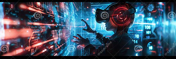 A Hacker Navigates a Vivid Virtual World, Surrounded by Glowing Digital ...