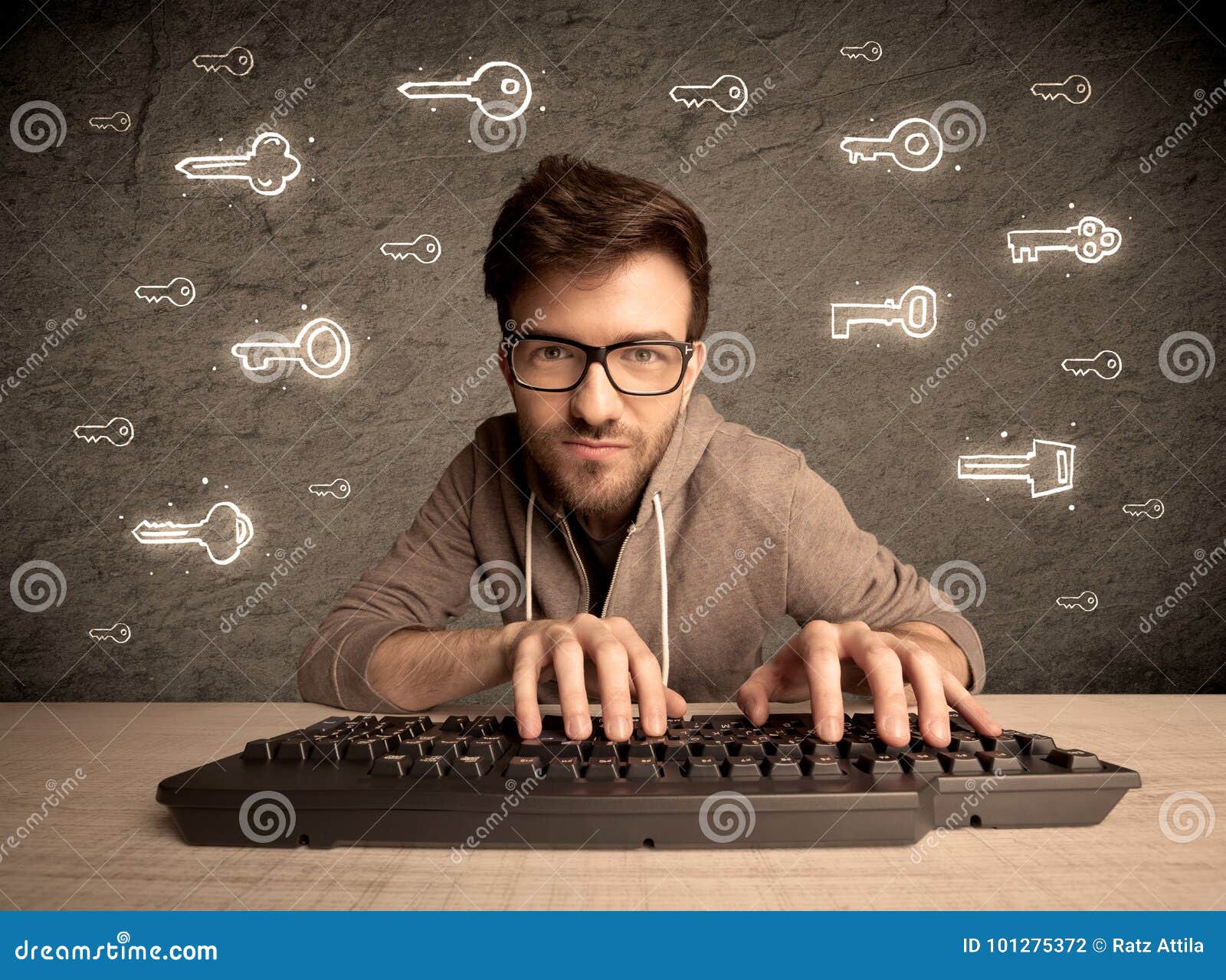Hacker Nerd Guy with Drawn Password Keys Stock Photo - Image of concept ...