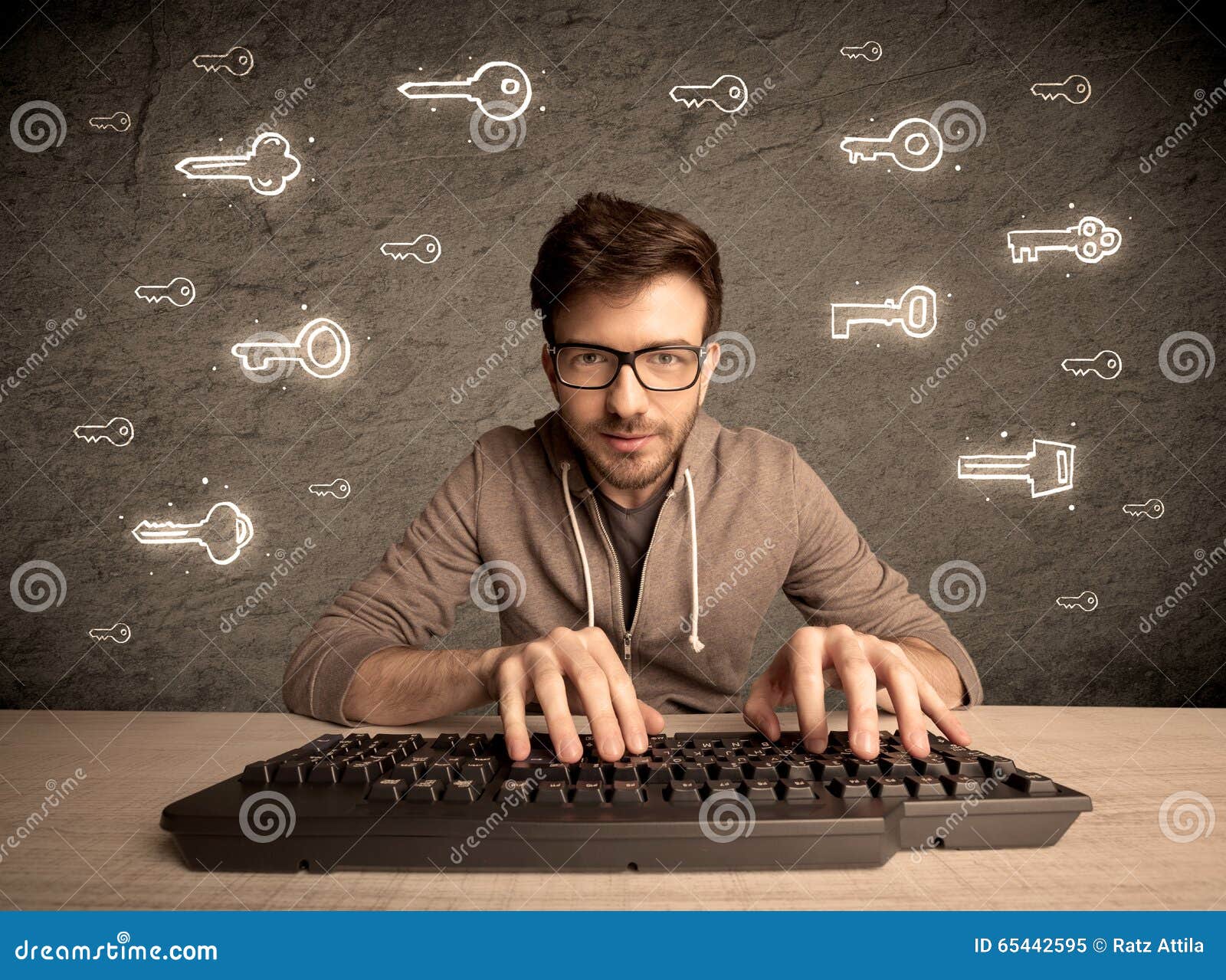 Hacker Nerd Guy with Drawn Password Keys Stock Image - Image of male ...
