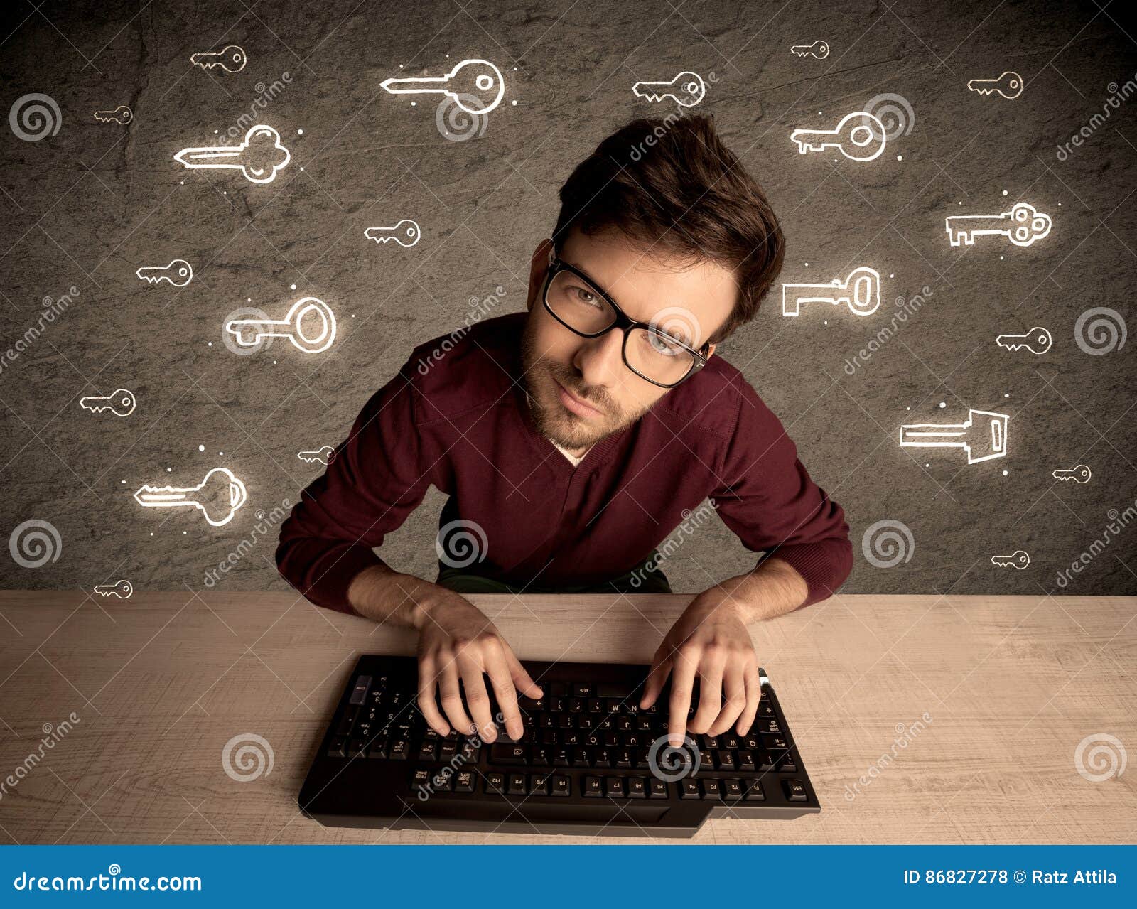 Hacker Nerd Guy with Drawn Password Keys Stock Photo - Image of funny ...