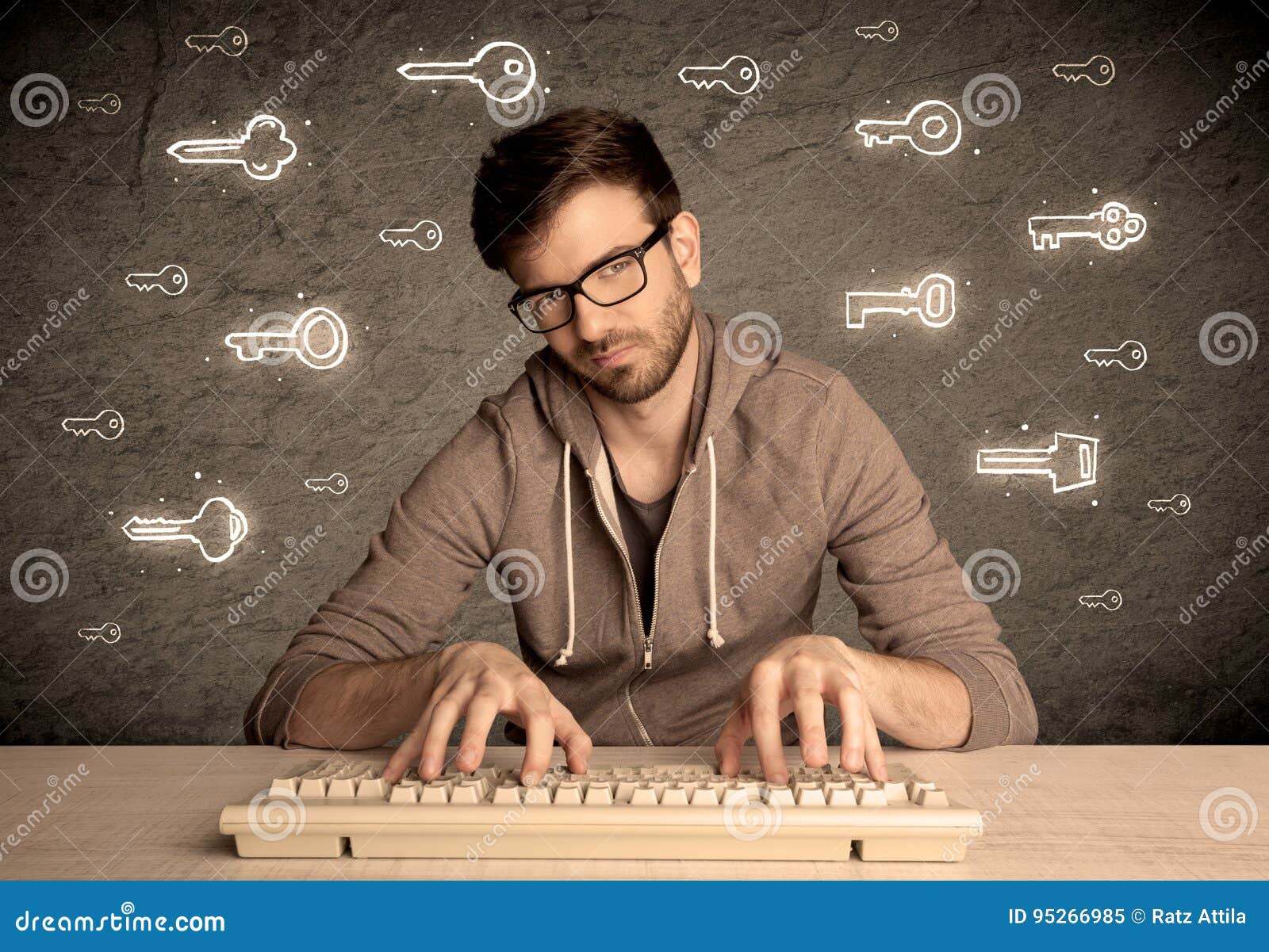 Hacker Nerd Guy With Drawn Password Keys Stock Image Image Of Hands