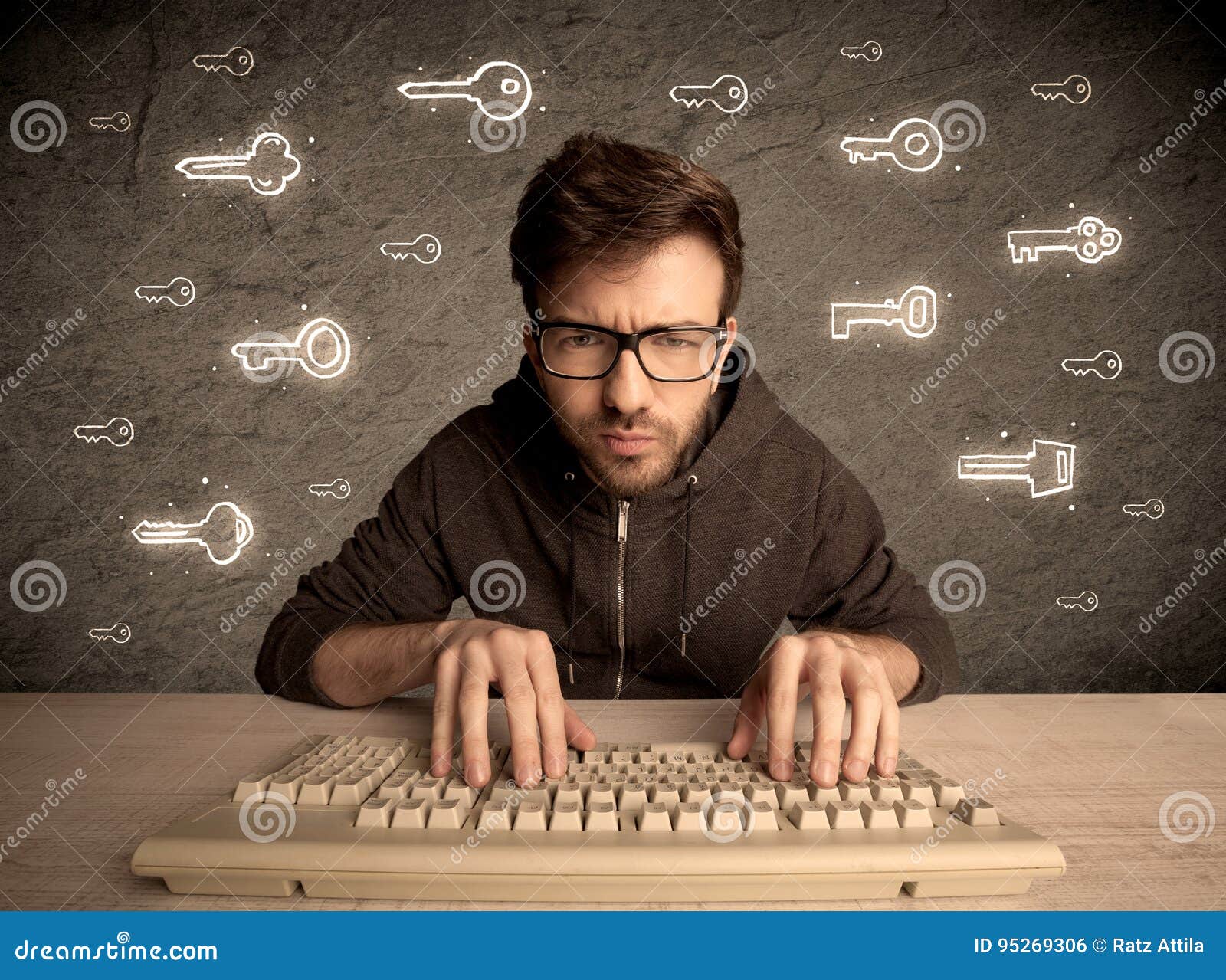 Hacker Nerd Guy with Drawn Password Keys Stock Photo - Image of concept ...