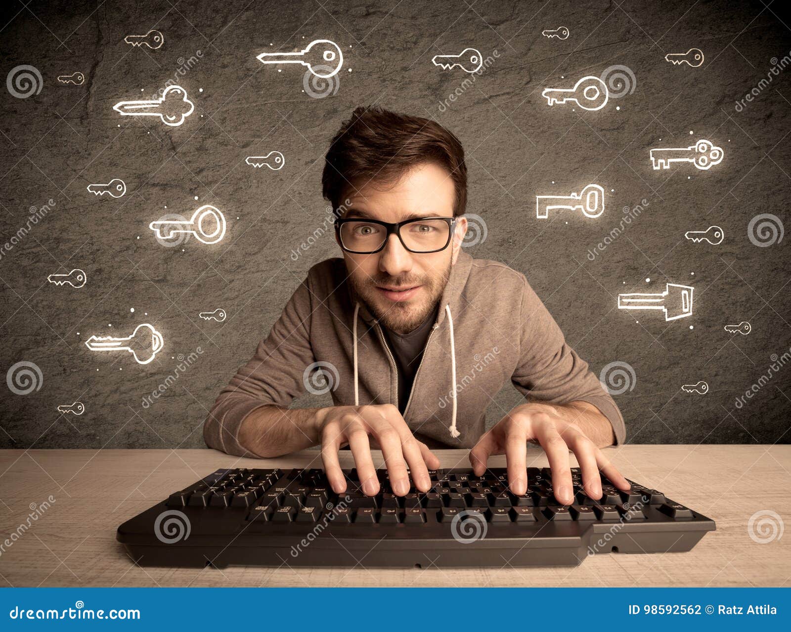 Hacker Nerd Guy with Drawn Password Keys Stock Photo - Image of button ...