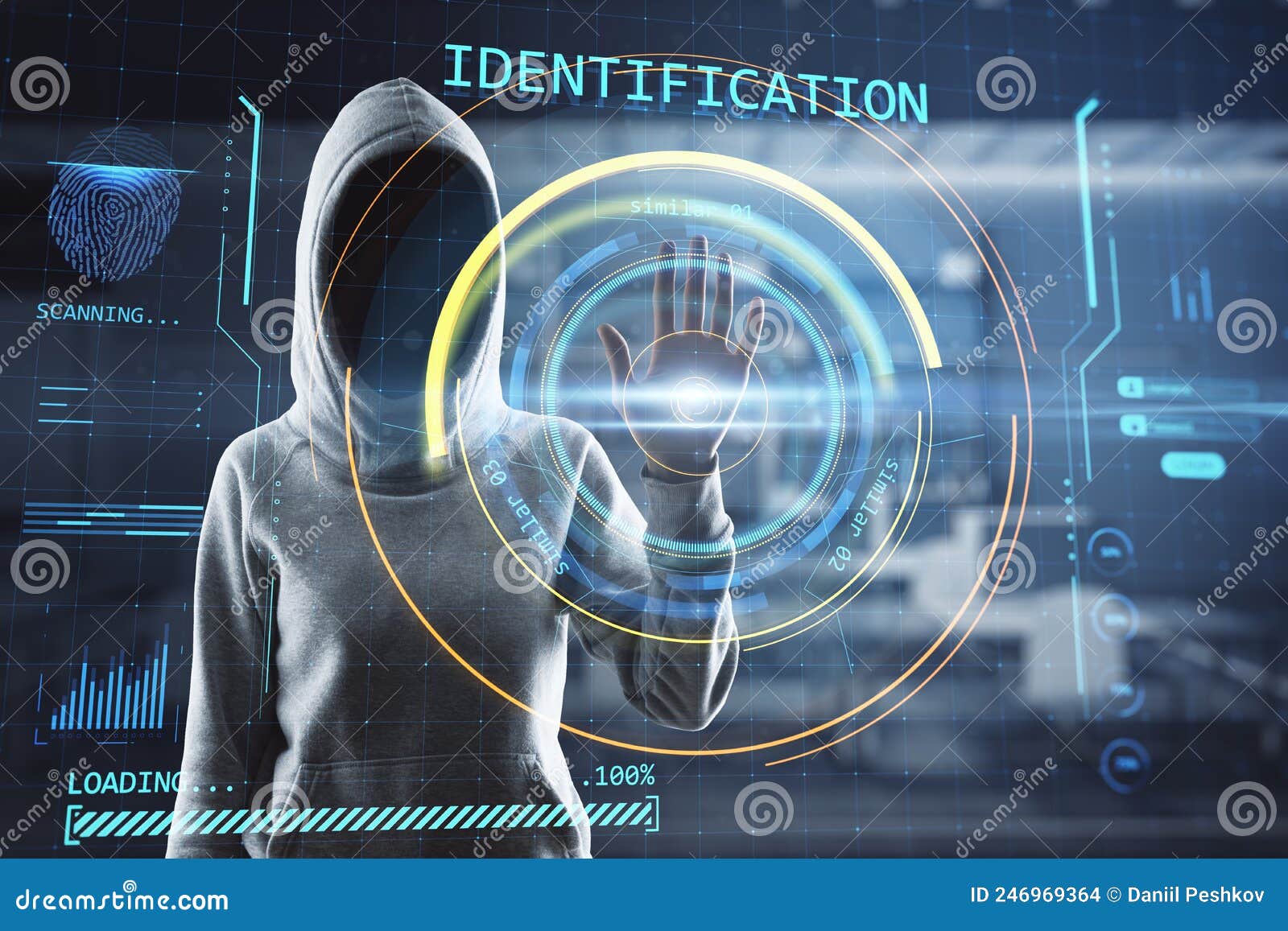 Hacker in Office Interior Using Abstract Round Identification Interface ...