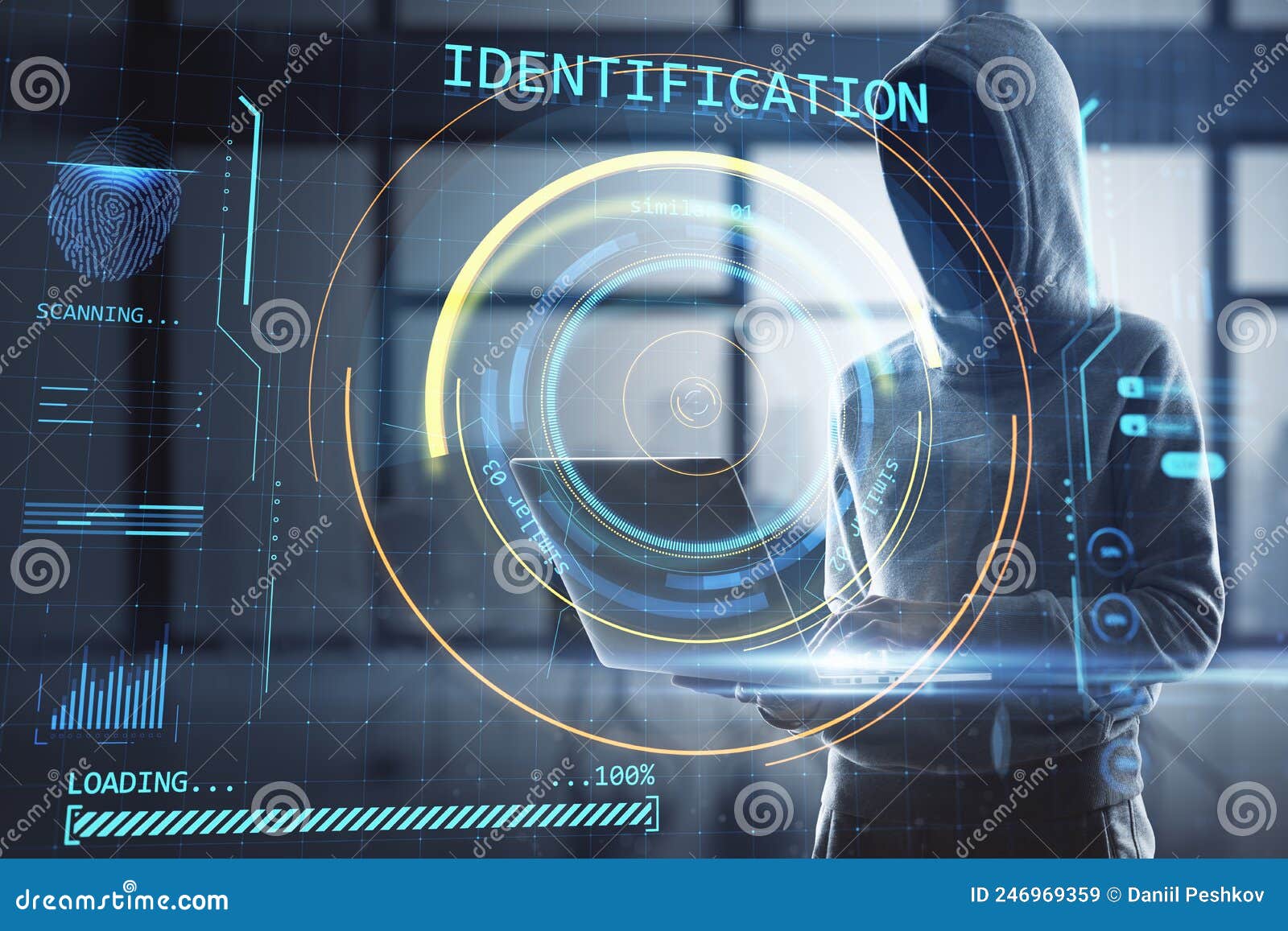 Hacker in Office Interior Using Laptop with Abstract Round ...