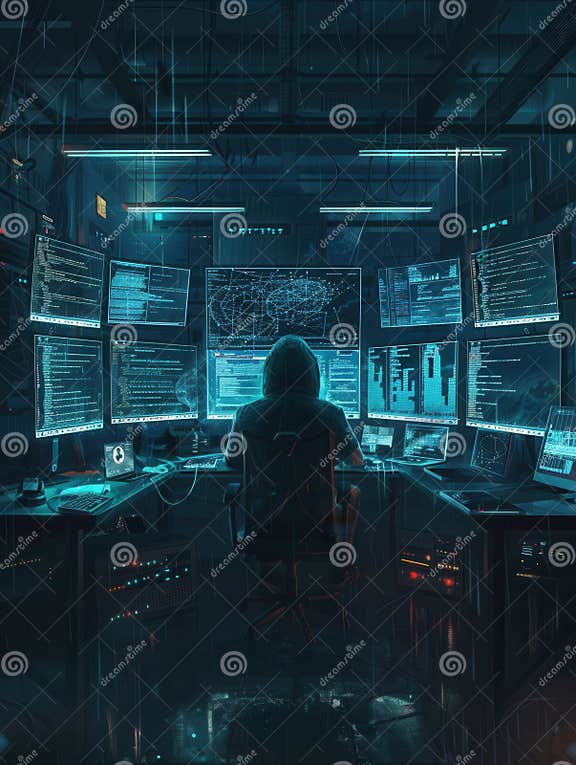 A Hacker Operates at a Desk in a Dimly Lit Room, Focused on Multiple ...