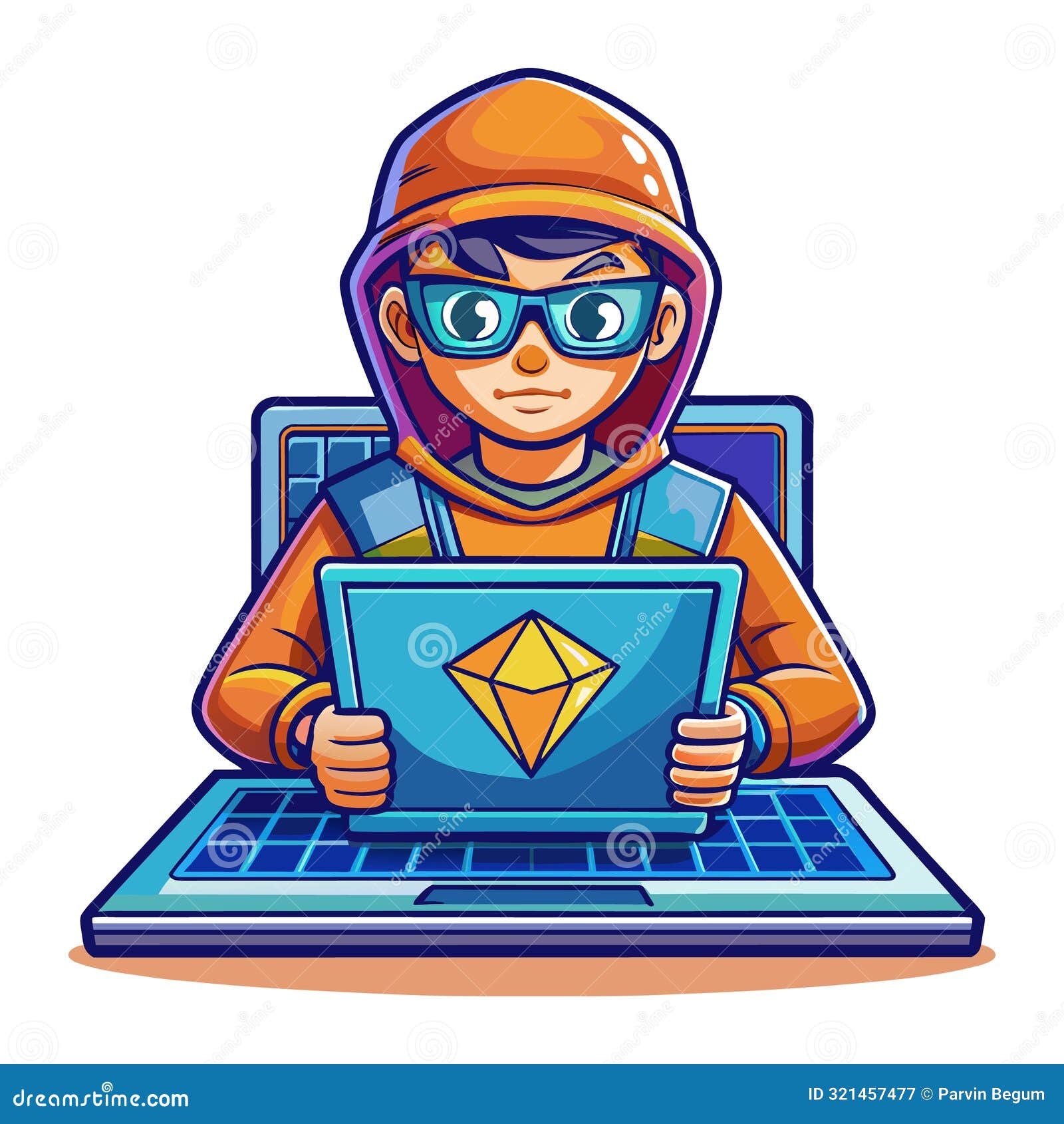Hacker Operating a Laptop Cartoon Vector Illustration. Stock Vector ...