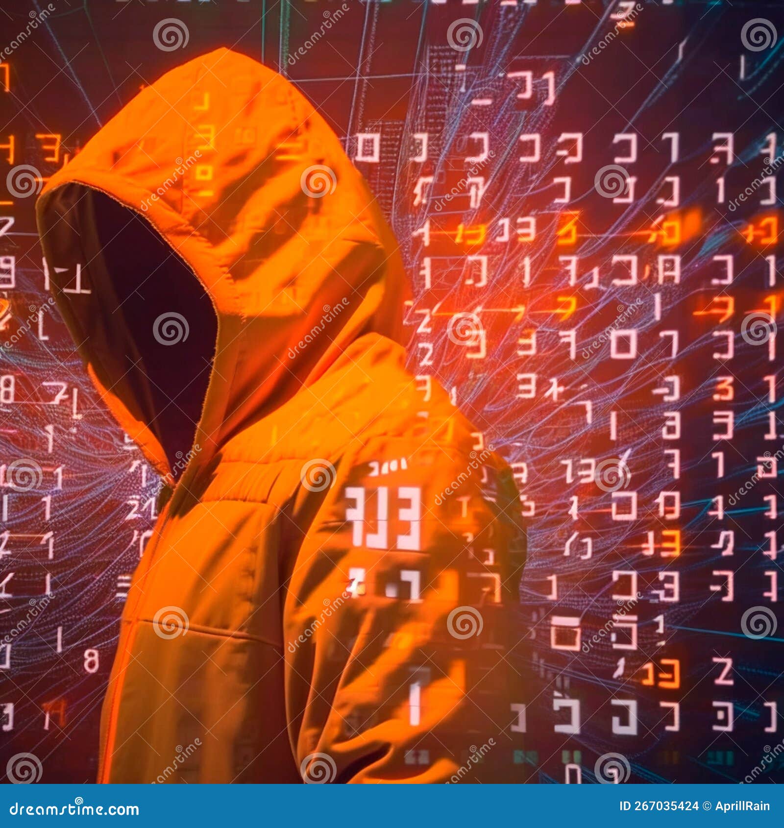 Hacker in an Orange Hood. Genius of the Computer World Stock Photo ...