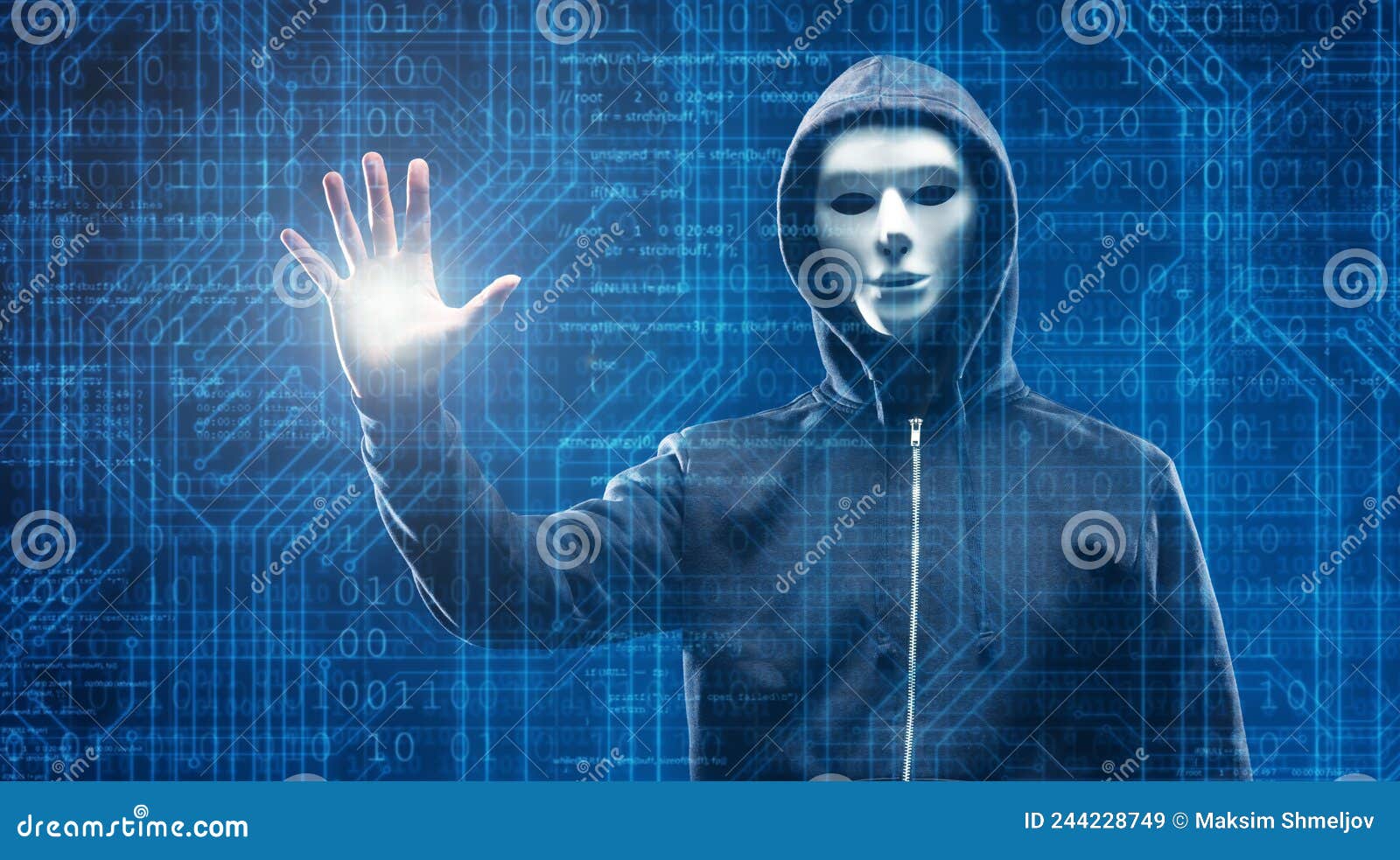 Hacker Over Abstract Digital Background with Elements of Binary Code and Computer Programs ...