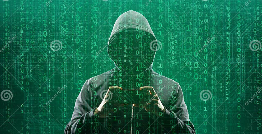 Hacker Over Abstract Digital Background with Elements of Binary Code and Computer Programs ...