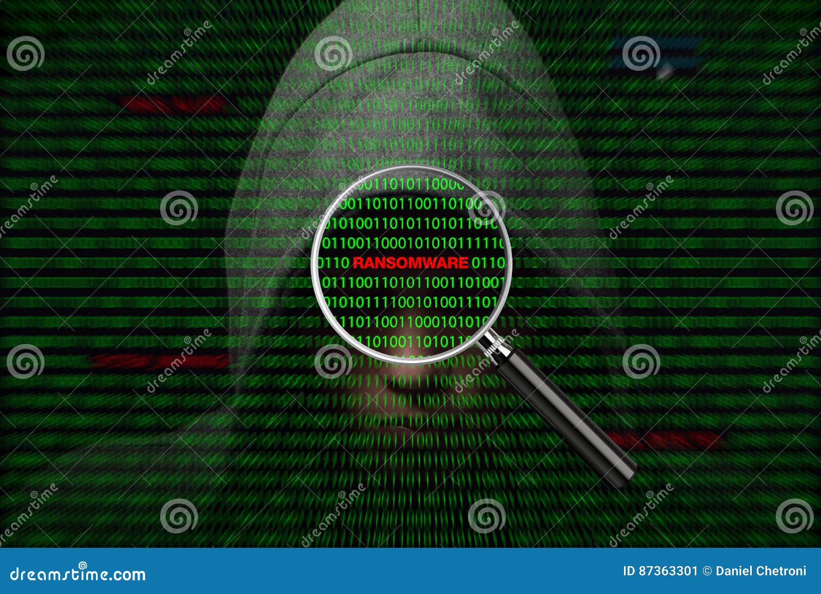 Hacker Over a Screen with Binary Code and Warning Messages Stock Image ...