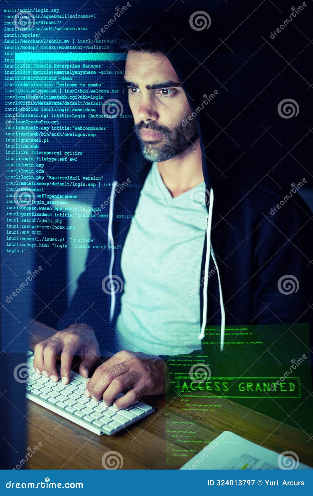 Hacker Overlay And Man At Night On Computer For Programming Coding And Information Technology