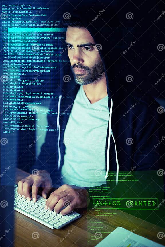 Hacker, Overlay and Man at Night on Computer for Programming, Coding and Information Technology ...