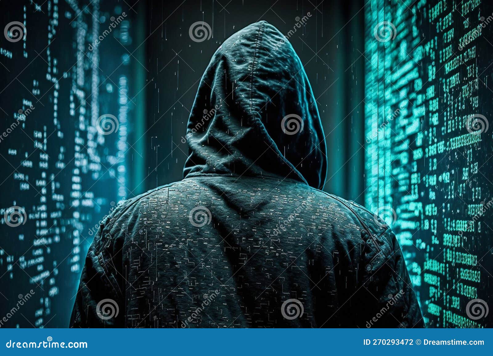 Hacker, A Person In A Hooded Jacket Standing In Front Of A Data Wall In ...