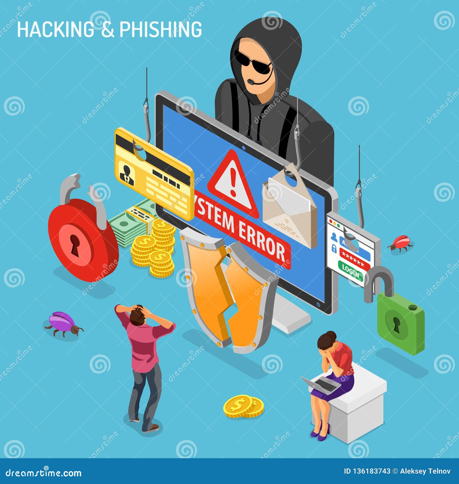 Hacker Phishing Activity Isometric Concept Stock Vector Illustration