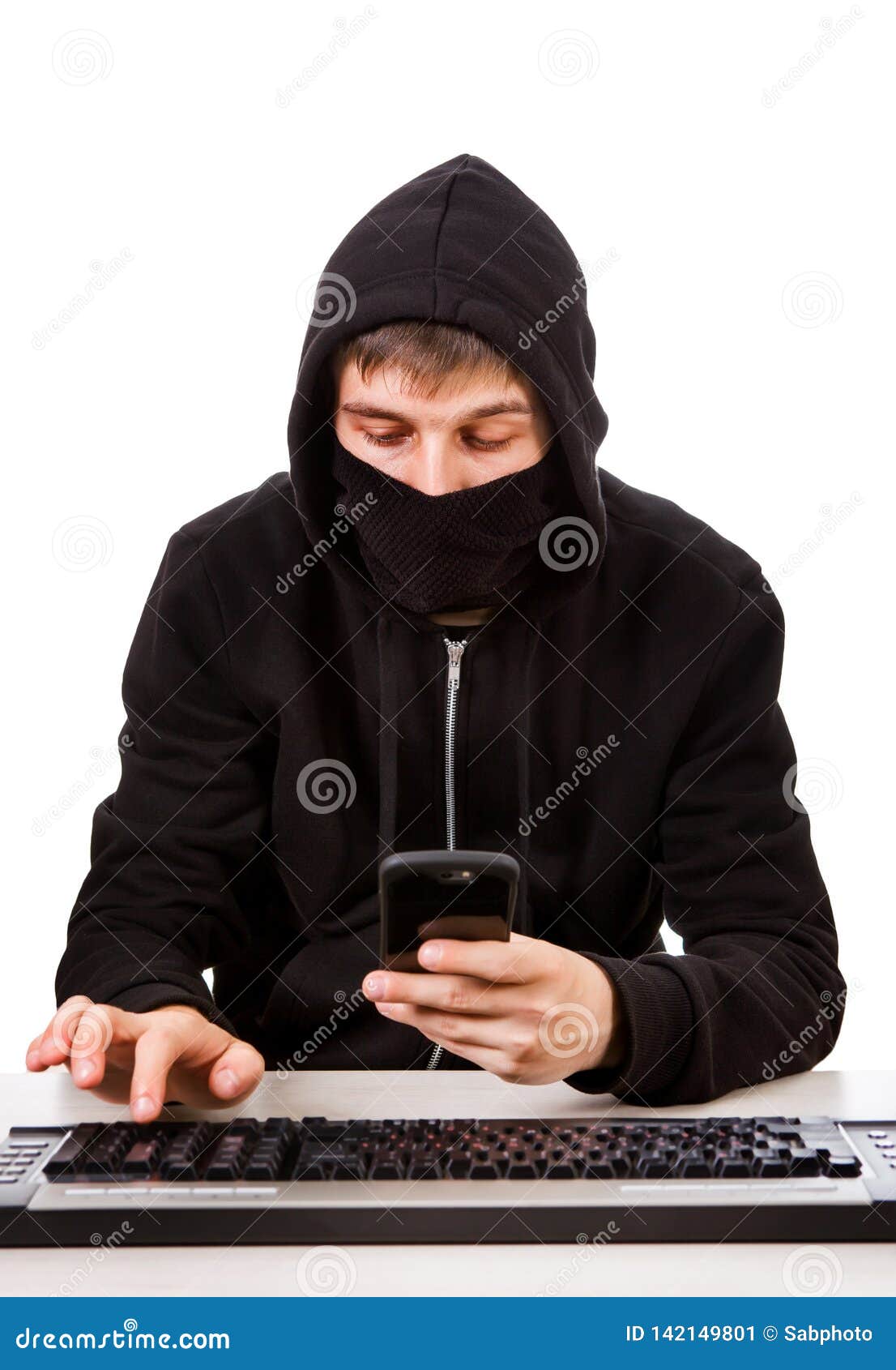 Hacker with a Phone stock image. Image of examine, laptop - 142149801