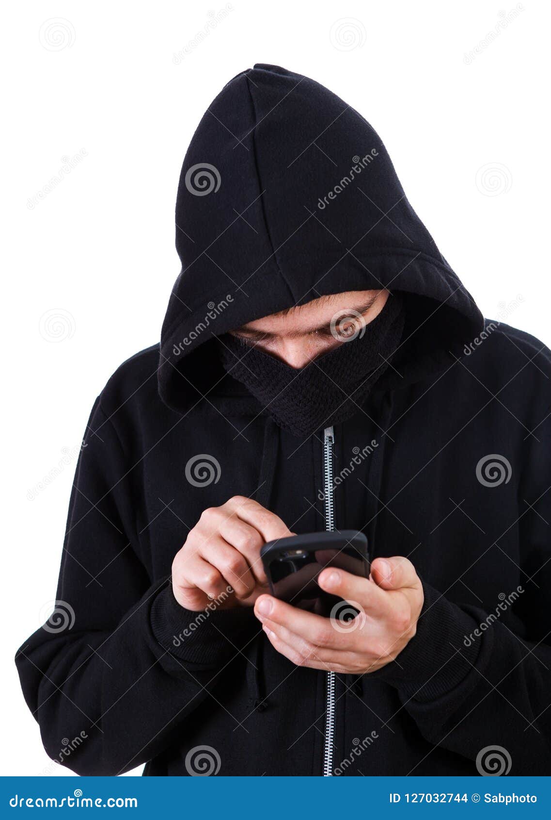 Hacker with a Phone stock photo. Image of hood, device - 127032744