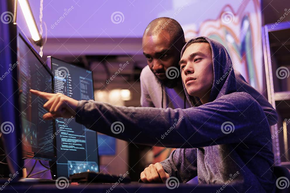 Hacker Pointing at Malware on Screen Stock Image - Image of american ...