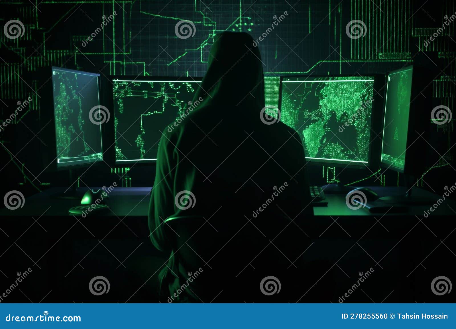 Hacker Programmer Surrounded By Green Programming Codes In A Dark Ambient Cyberspace Ai