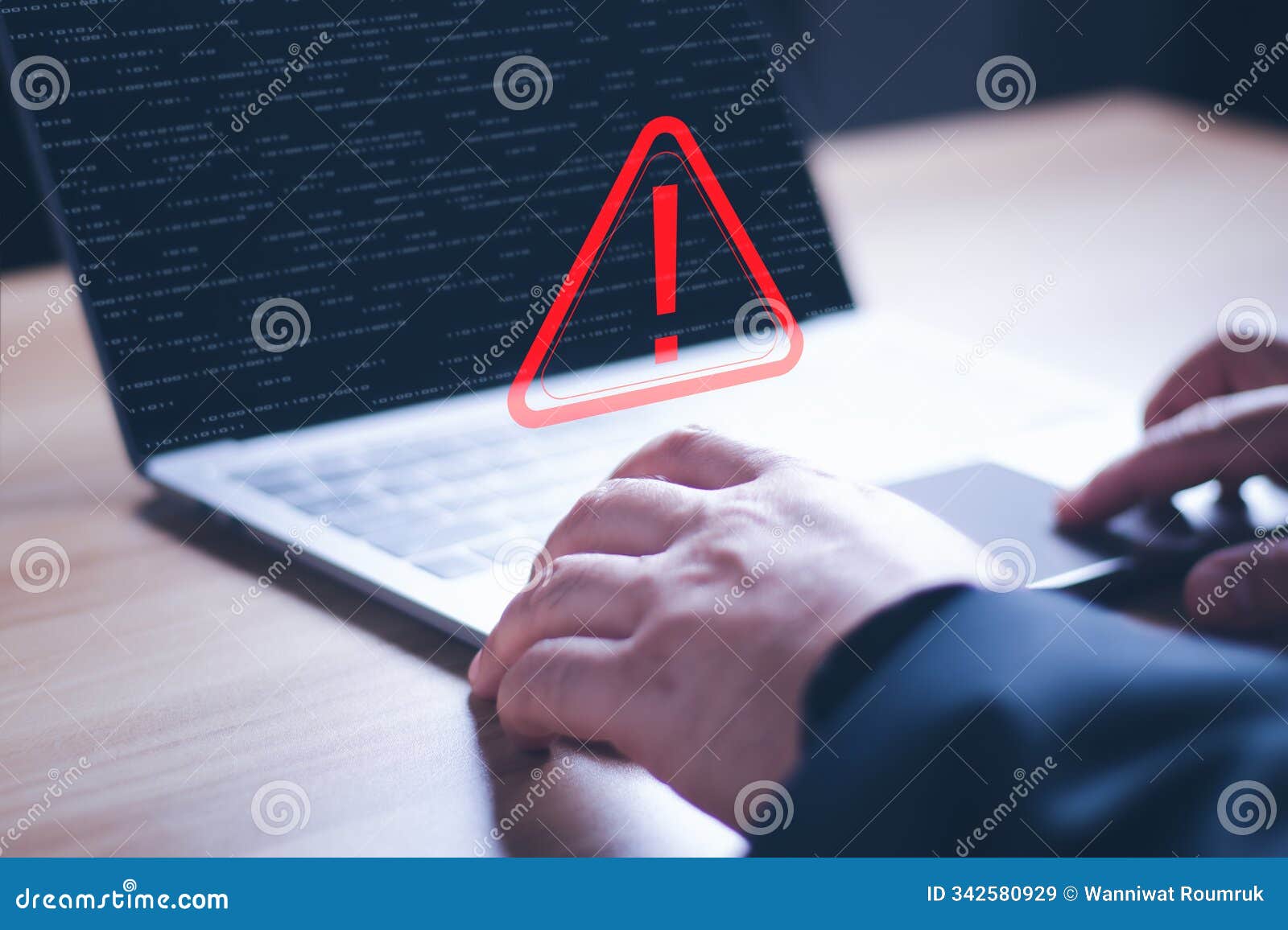 Hacker Or Programmer Using Laptop With Triangle Caution Warning Sign Coding Cryptography