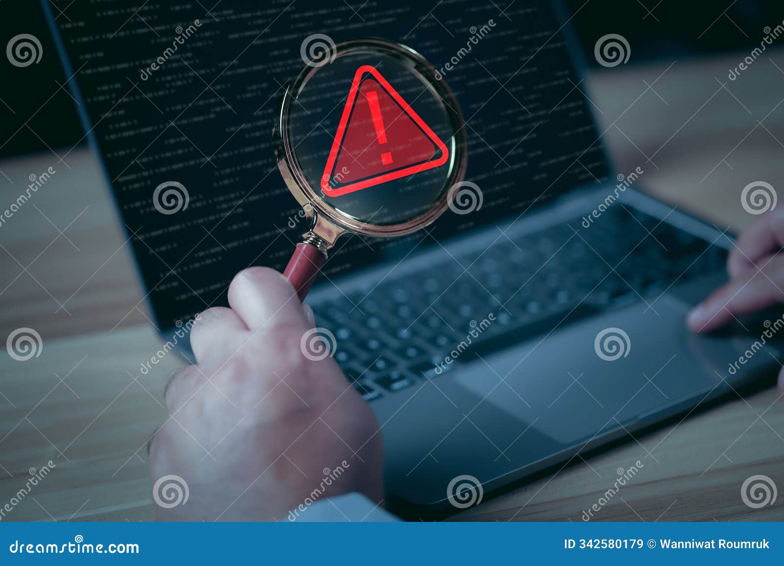 Hacker Or Programmer Using Laptop With Triangle Caution Warning Sign Coding Cryptography Stock