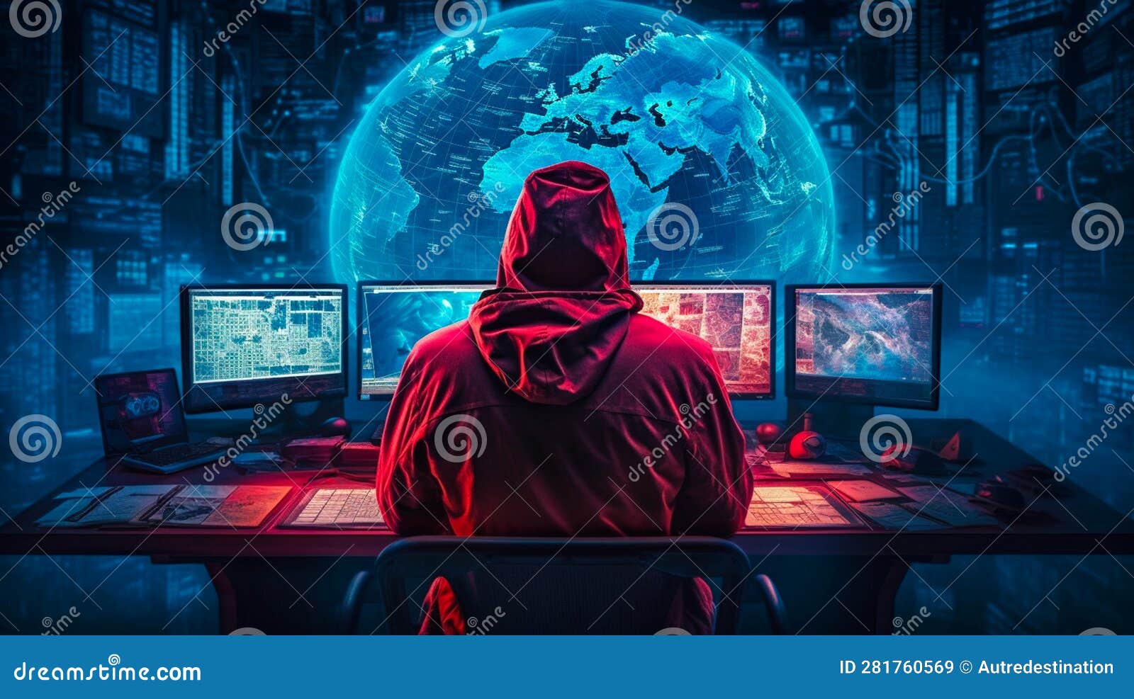 Hacker Programming a Computer in Front of Several Screens Stock ...