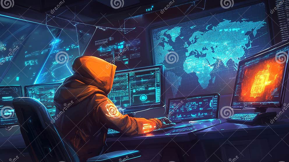 A Hacker Programming on Computer Screens, Dealing with Cybersecurity ...