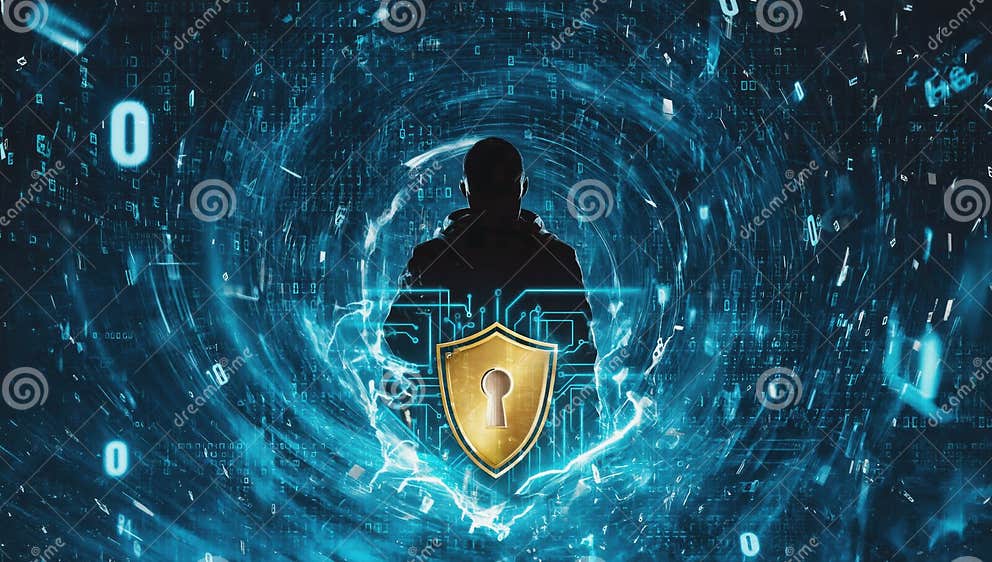 Hacker Protecting Data with Shield in Digital World Stock Image - Image ...