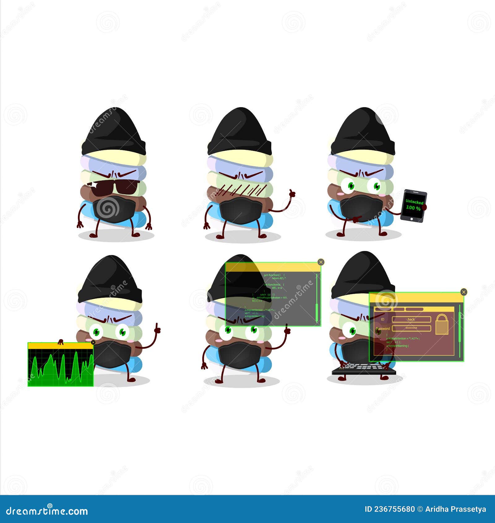 A Hacker Rainbow Marshmallow Twist Character Mascot with Stock Vector ...