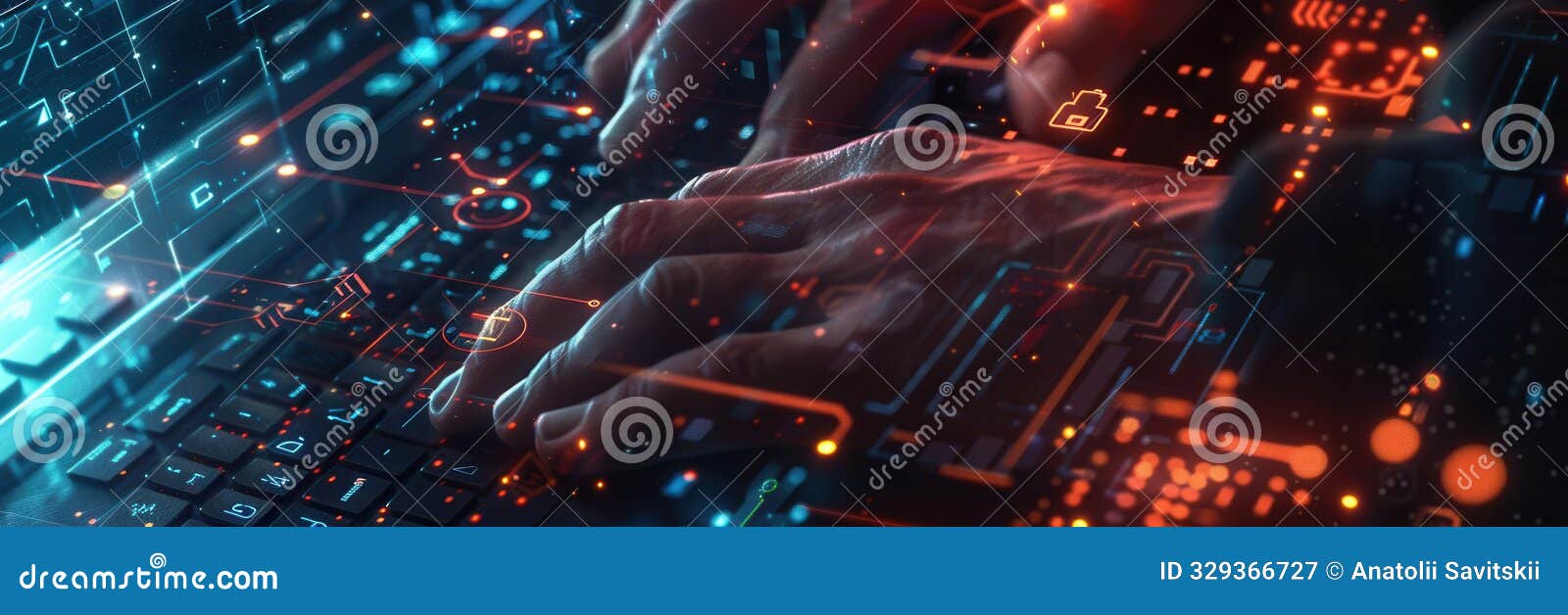 Hacker Rapidly Types on a Keyboard, Illuminated by Screens Filled with Digital Codes and Symbols ...