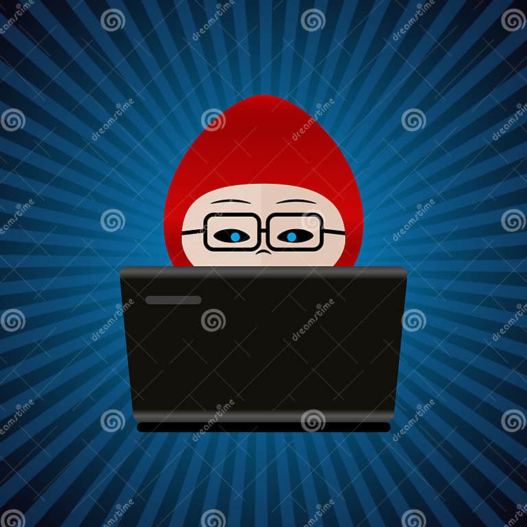 Hacker with Red Cap Computer Man Behind Laptop Working Icon Eps10 Stock ...