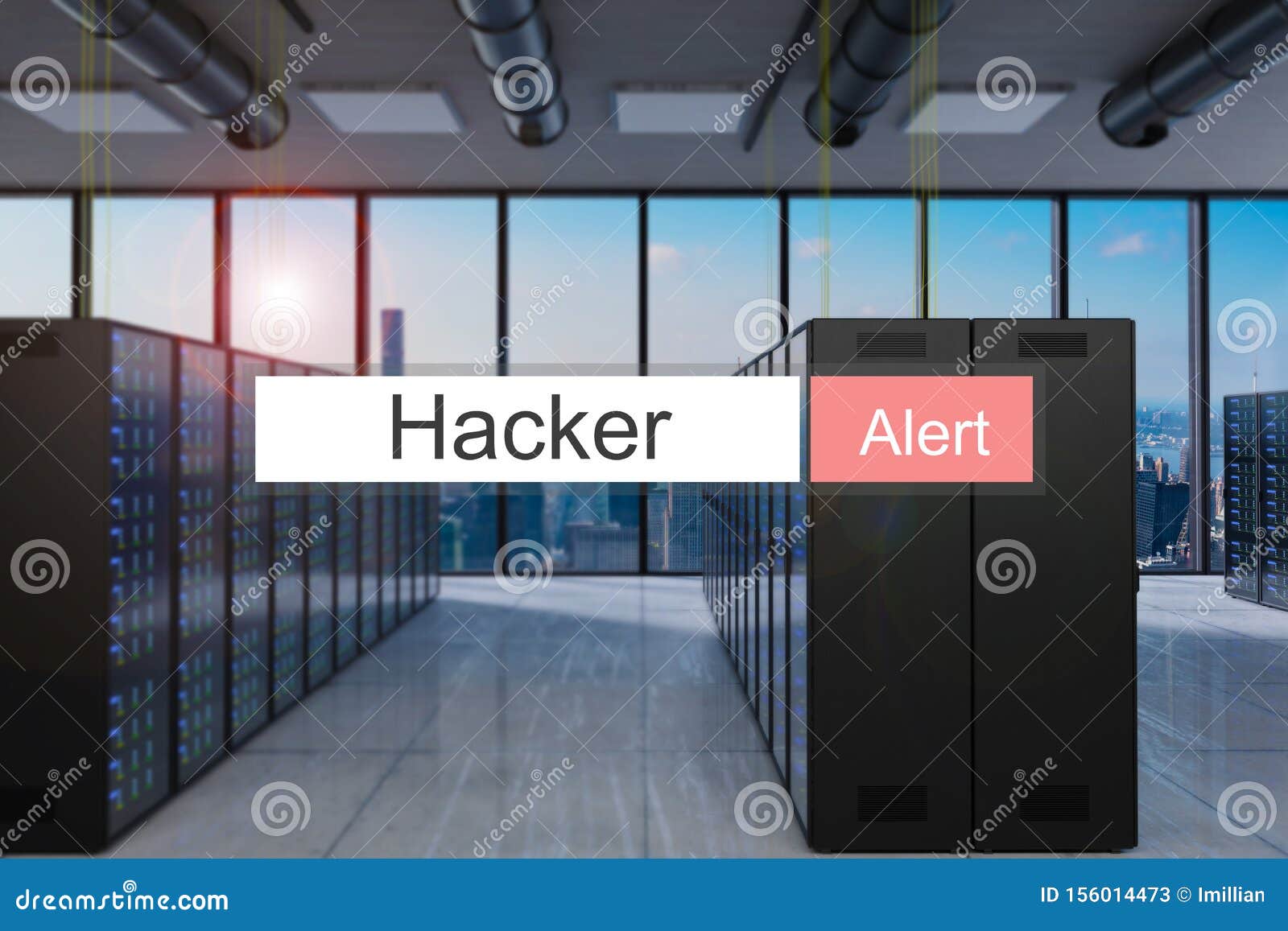 Hacker in Red Search Bar Large Modern Server Room Skyline View, 3D ...