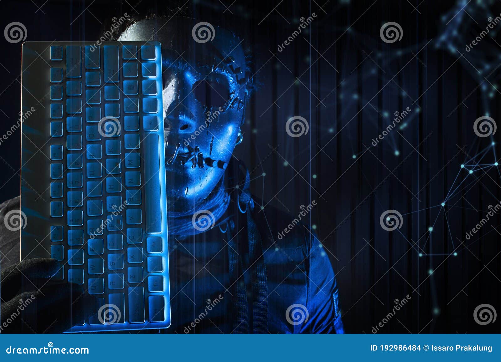 Hacker Robbery Terrorist with Lock Safety Computer Keyboard for Attack To Server Network System ...