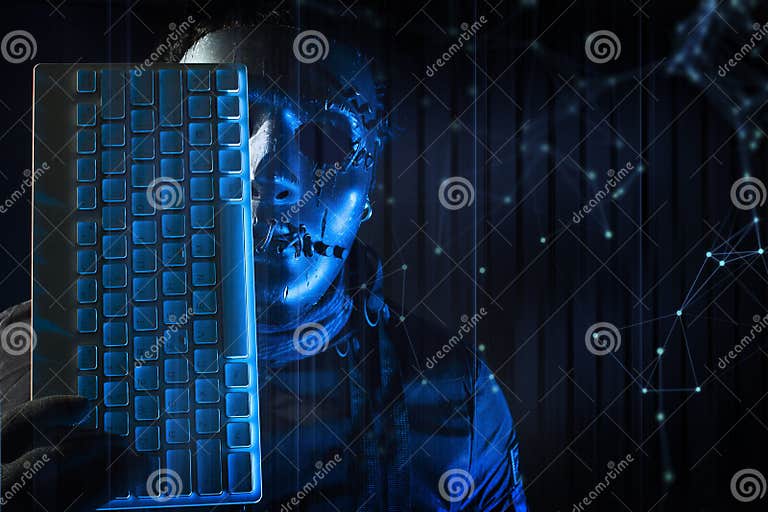 Hacker Robbery Terrorist with Lock Safety Computer Keyboard for Attack To Server Network System ...