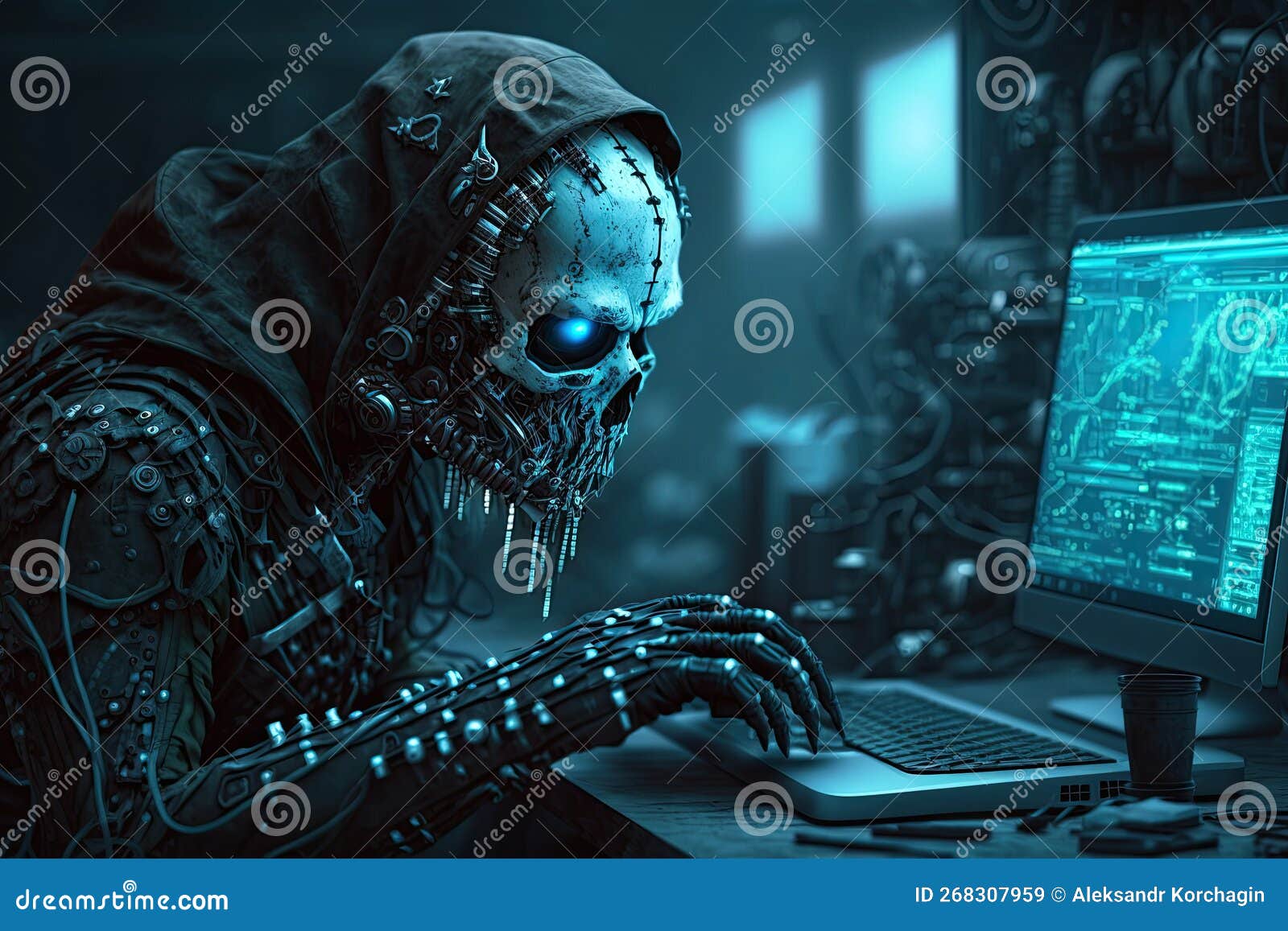 Hacker Robot Hacks into a Computer. Cyborg of Future is Working at a ... Hacker Robot Hacks into a Computer. Cyborg of Future is Working at a ...