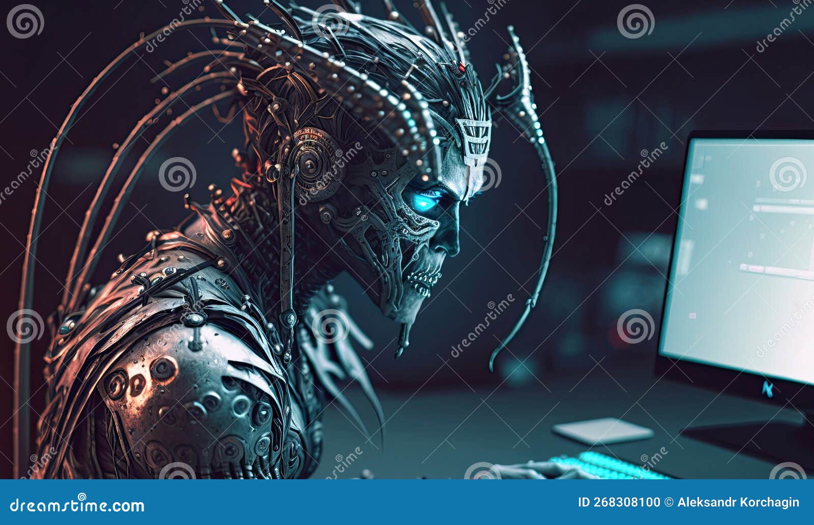 Hacker Robot Hacks into a Computer. Cyborg of Future is Working at a ... Hacker Robot Hacks into a Computer. Cyborg of Future is Working at a ...