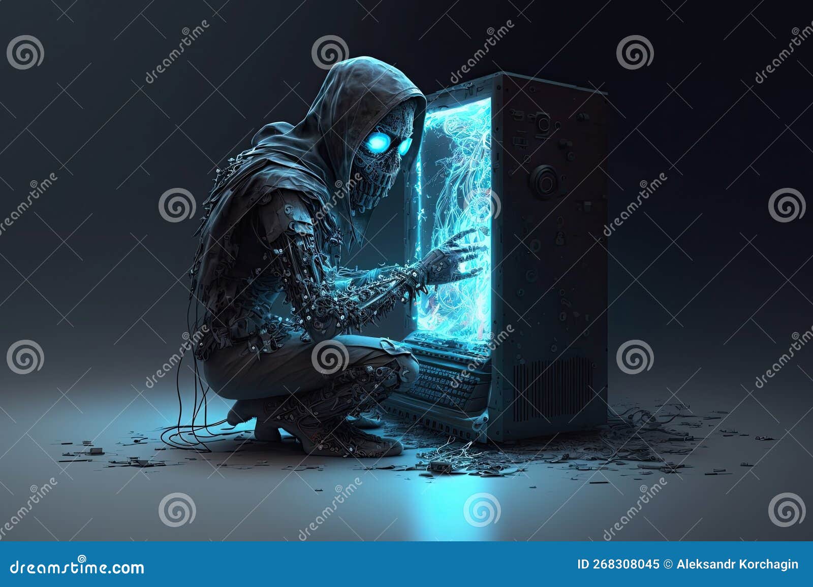 Hacker Robot Hacks into a Computer with a Database. the Concept of Cybersecurity and Personal ...