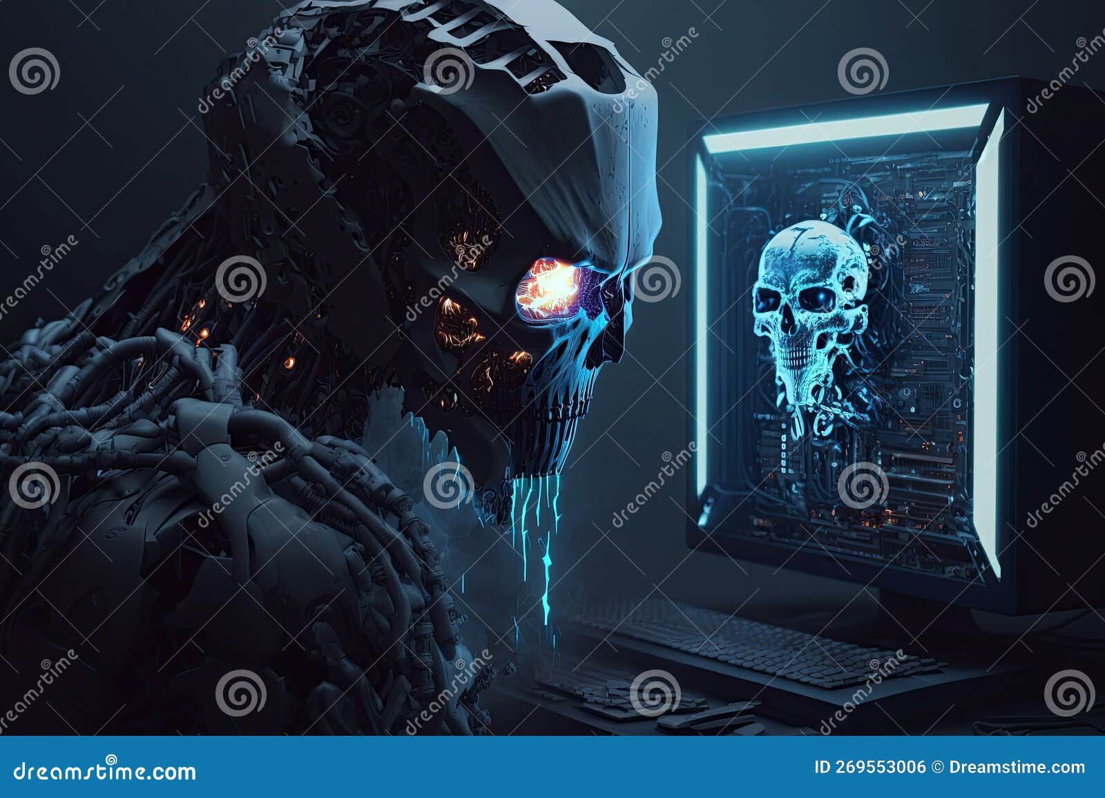 Hacker Robot Hacks Into A Computer With A Database Concept Of