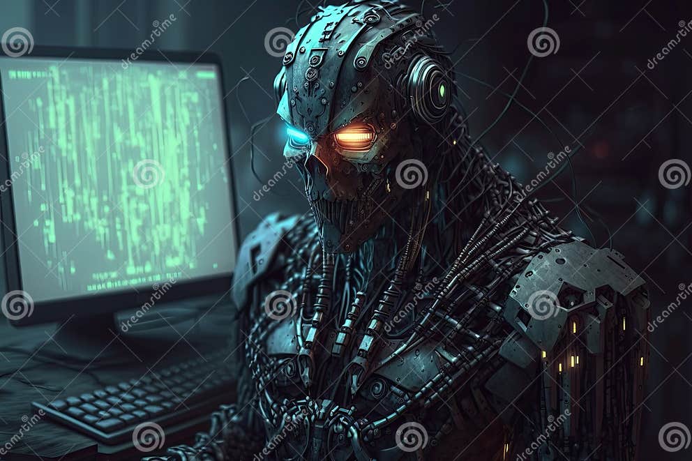 Hacker Robot Hacks a Computer in Front of a Monitor. Concept of ...