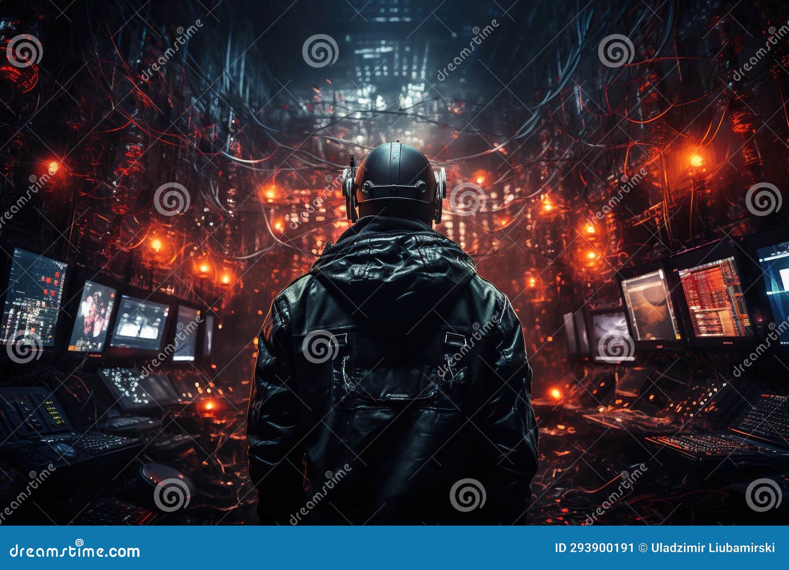 Hacker in a Room with Many Computers and Wires. Cyber Attack, System ...