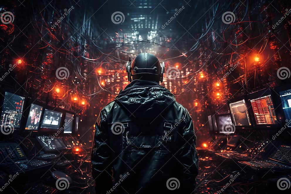 Hacker in a Room with Many Computers and Wires. Cyber Attack, System Hacking and Malware Concept ...