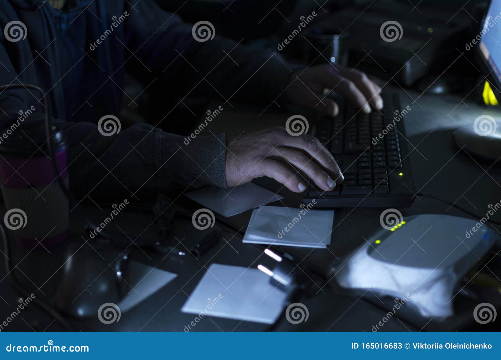 Male Hands, Desk Keyboard, Screen, Other Devices on the Office ...