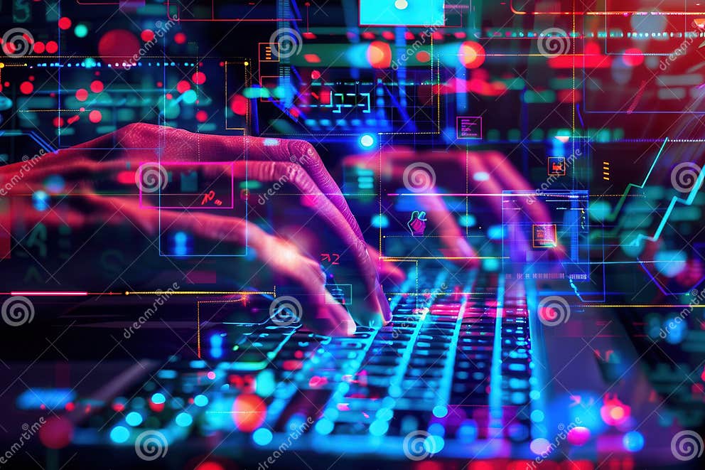 Hacker& X27;s Hands Move Swiftly Over a Keyboard with Digital Symbols ...