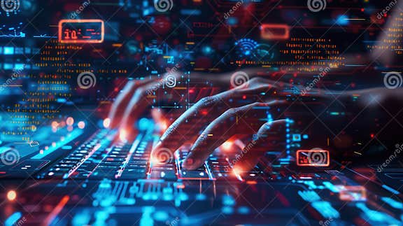 Hacker S Hands Type Swiftly on a Keyboard, Creating a Flurry of Digital Symbols and Codes in a ...