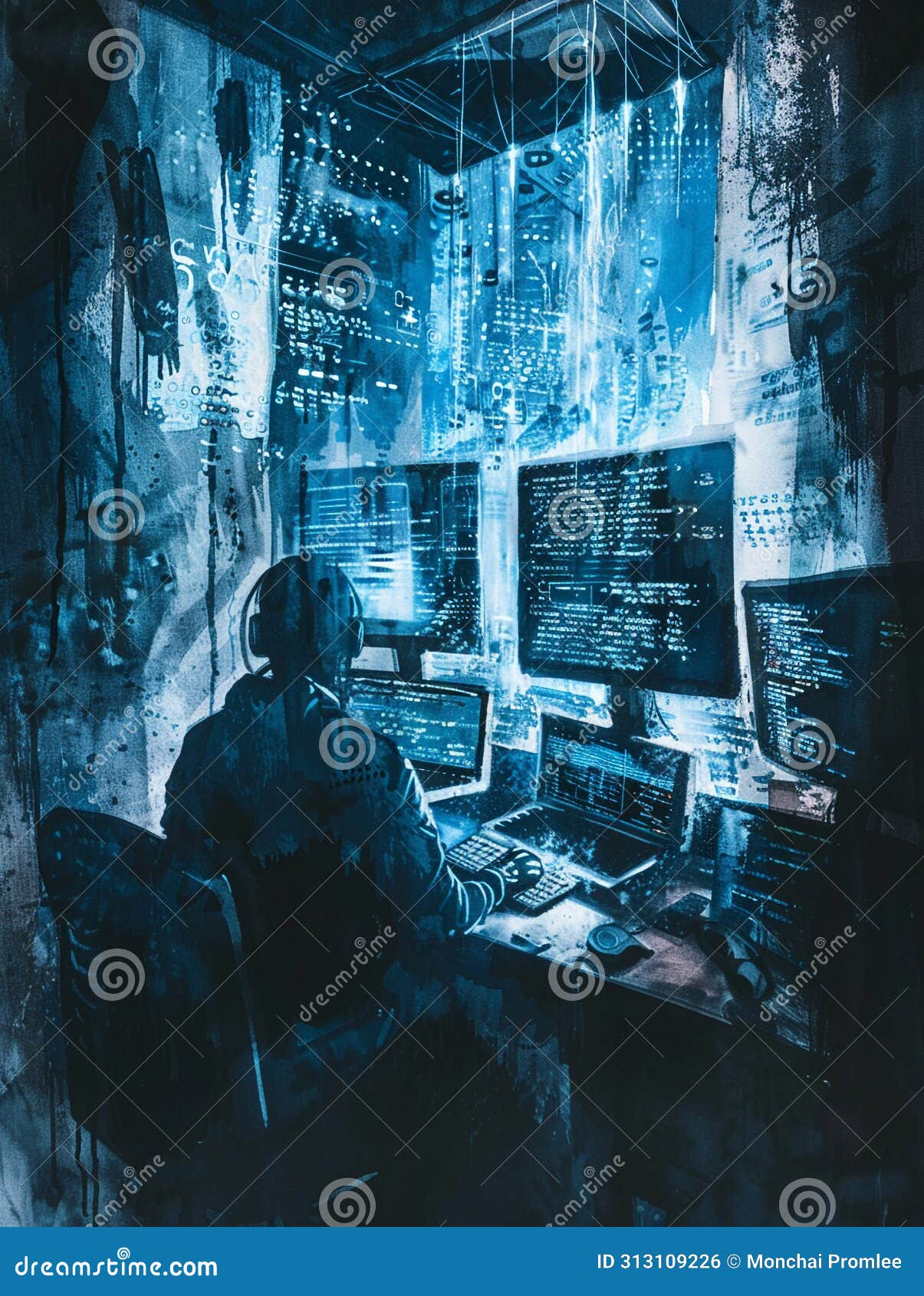 A Hacker S Lair in Watercolor, Screens Alive with Code, a Shadowy ...