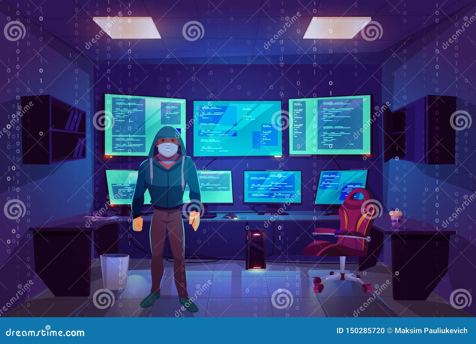 Hacker in Server Room, Multiple Computer Monitors Stock Vector ...