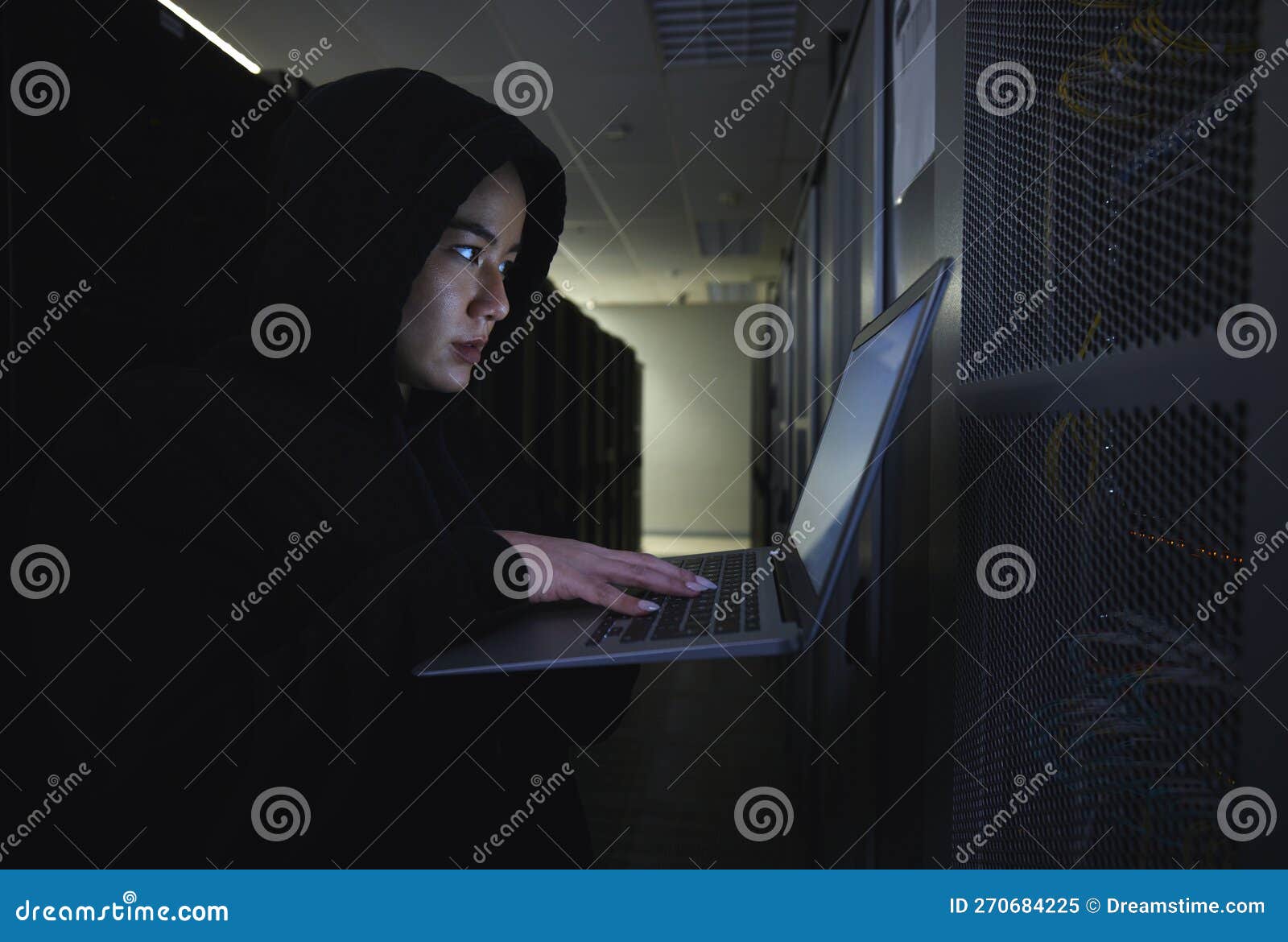 Hacker, Server Room and Woman Computer Coding, Data Center Crime and Ransomware of Cyberpunk in ...