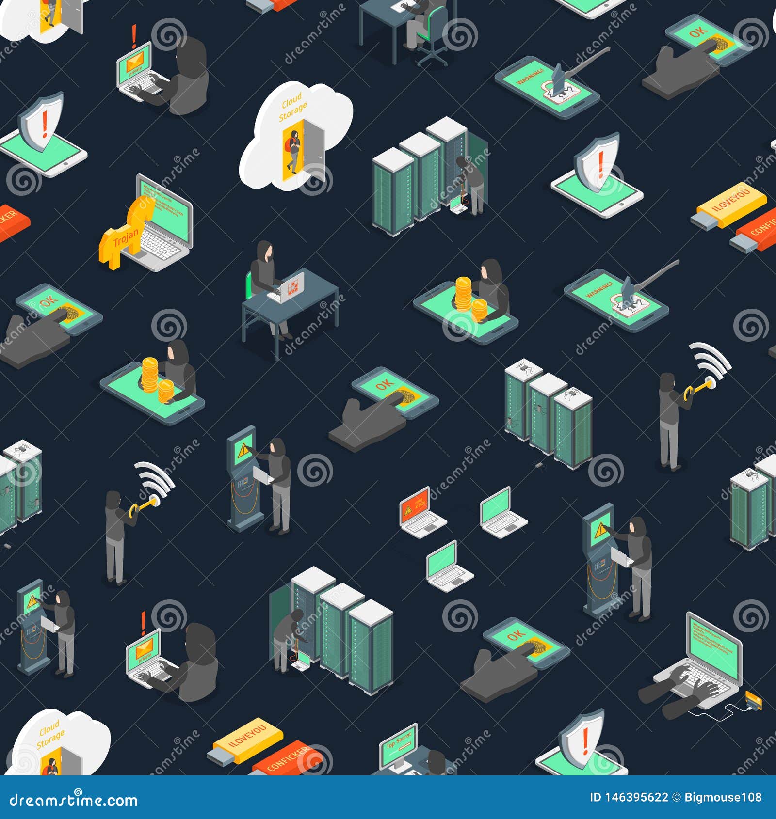 Hacker Signs 3d Seamless Pattern Background Isometric View Vector